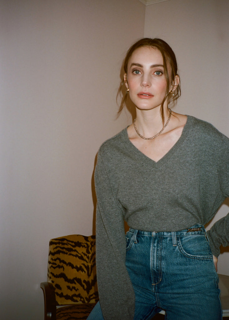 The Ryann Sweater Heather Grey | Soft Cashmere V-Neck Classic ...