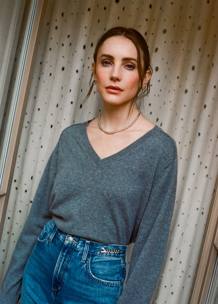 The Ryann Sweater Heather Grey | Soft Cashmere V-Neck Classic ...